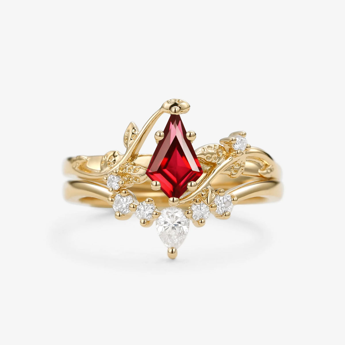 Nature Inspired - Kite Cut Lab Ruby Bridal Ring Set 2pcs Willow ...