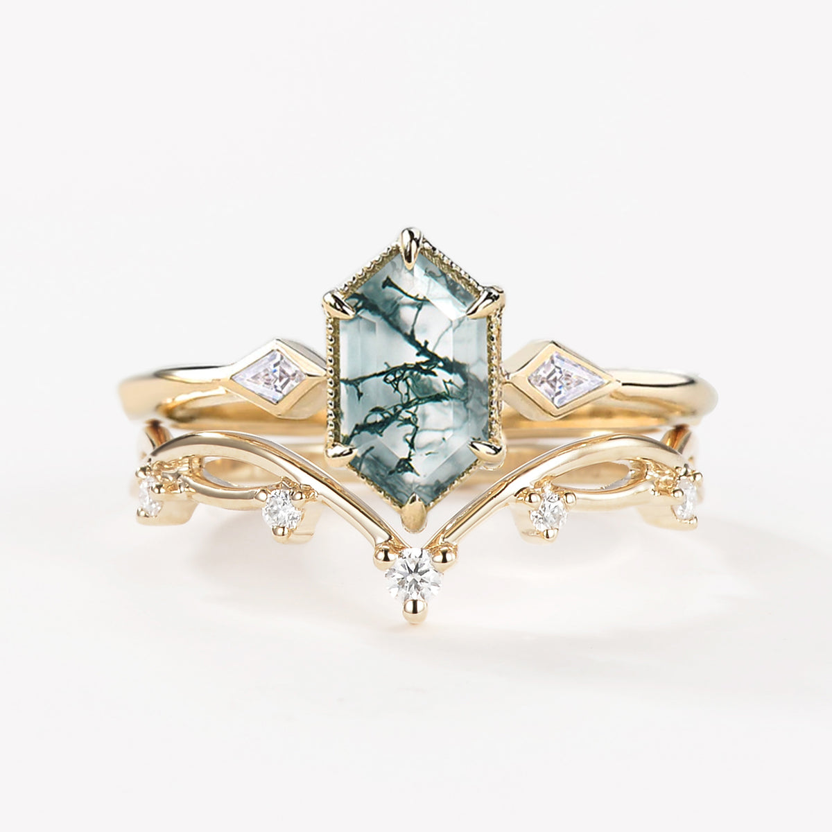 1.5ct Hexagon Moss Agate Three Stone Kite Ring Set 2PCS – Felicegals