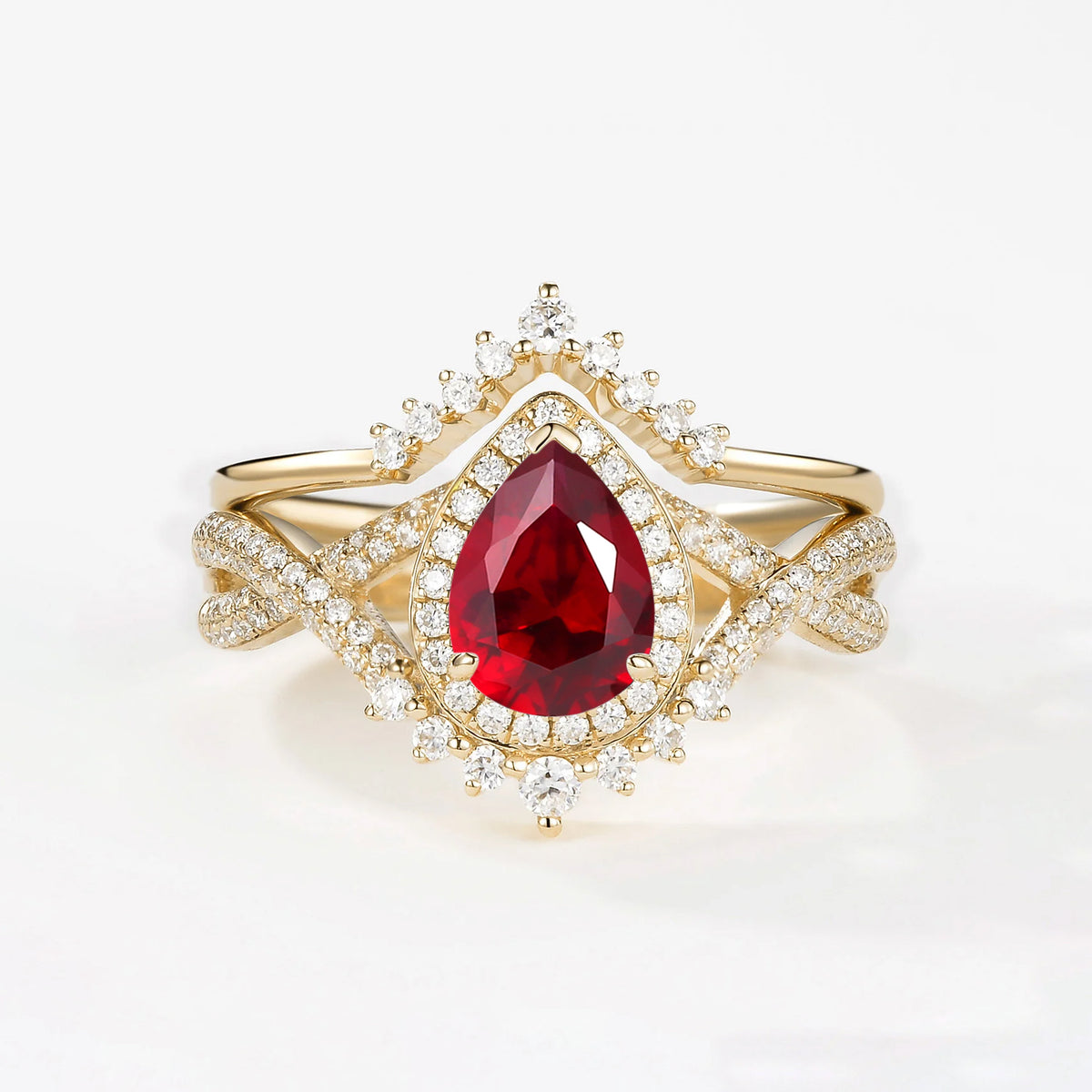 Pear Cut Lab Ruby Halo Infinity Ring Set 2pcs - Valentina – Felicegals