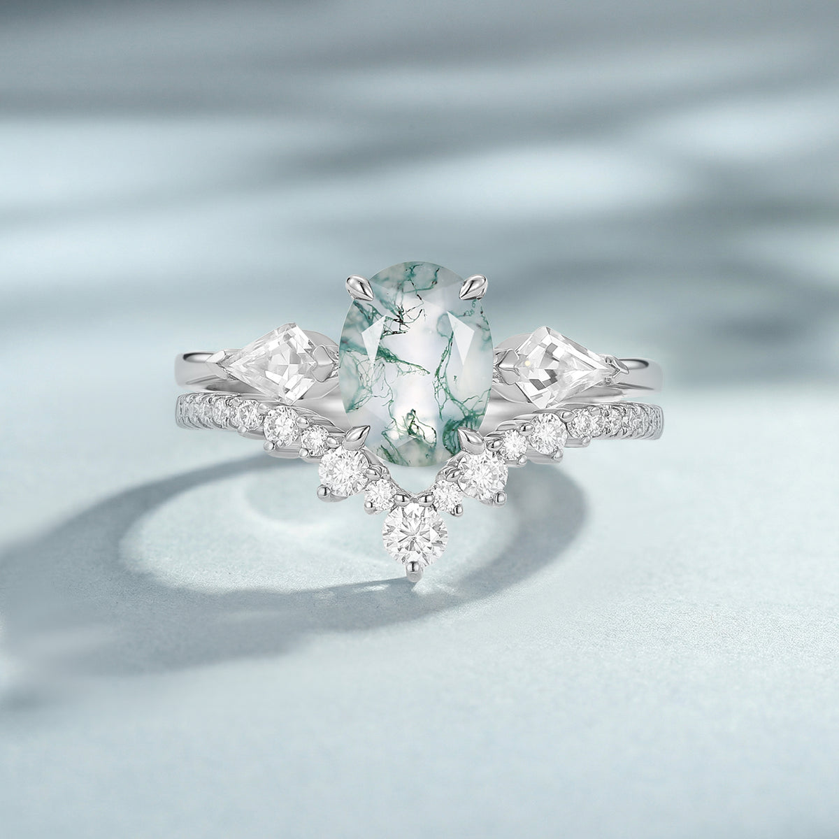 Oval Moss Agate Kite Three Stones Engagement Ring Set 2pcs - Sylvie ...
