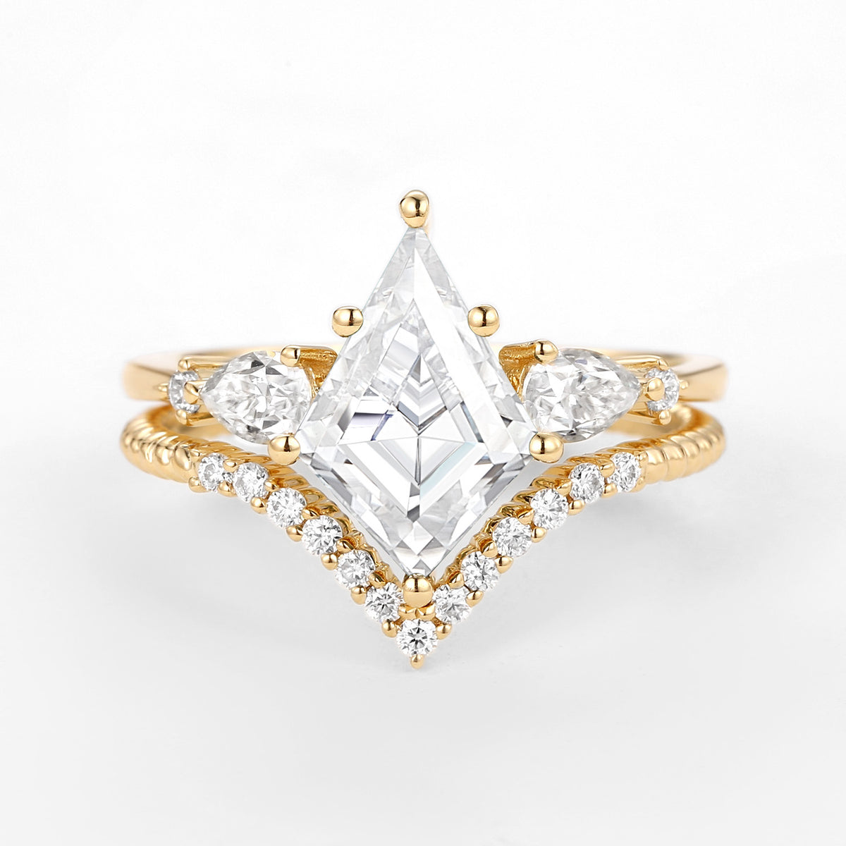 Kite Moissanite Three Stones Engagement Ring Set 2pcs - Delilah ...