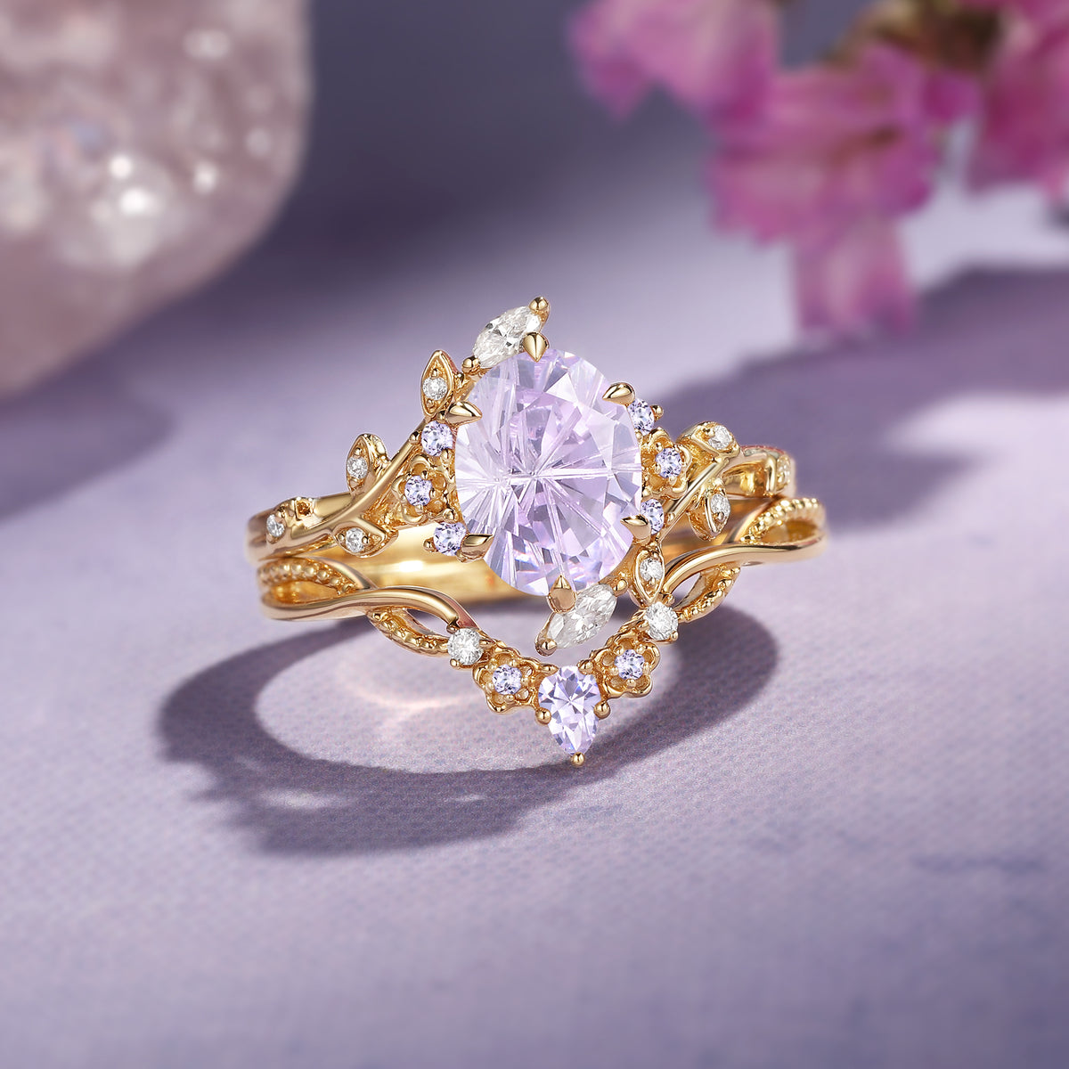 Firework Cut Oval Flower Lab Lavender Sapphire Engagement Ring Set 2pc ...