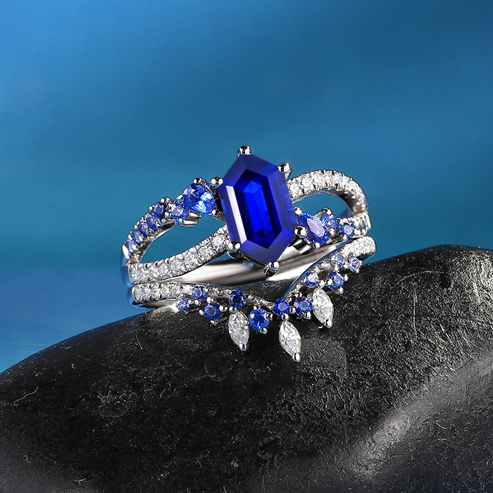 Downpour’s Merge - Lab Sapphire Cluster Elongated Hexagon Engagement R ...