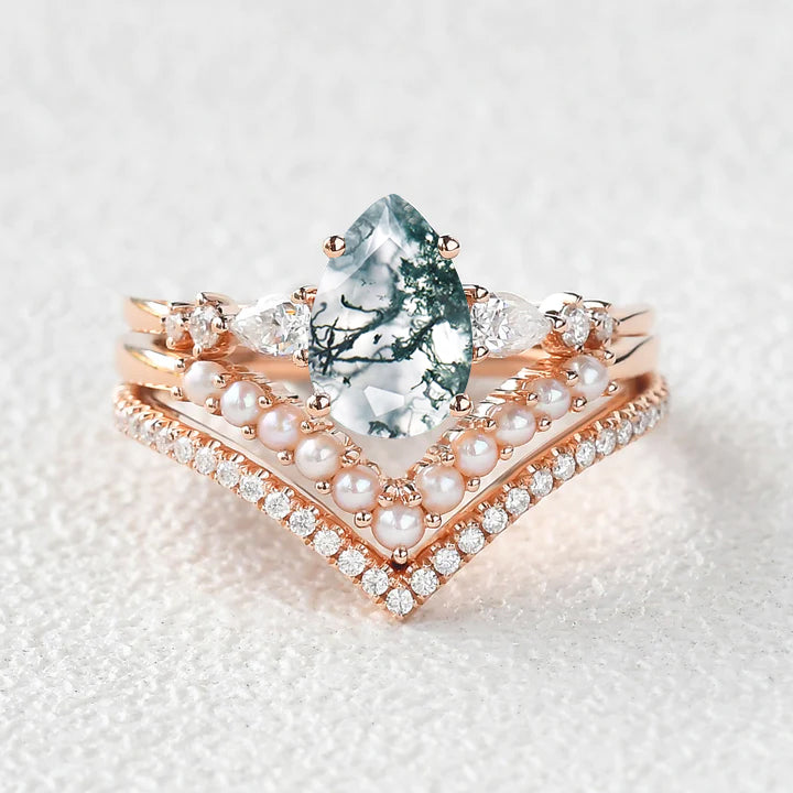Pear Shaped Moss Agate Pearl Stacking Engagement Ring Set 3pcs – Felicegals