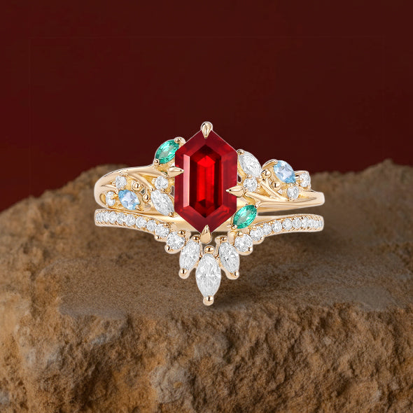 Lab Ruby Vine Elongated Hexagon Engagement Ring Set - Hollow – Felicegals