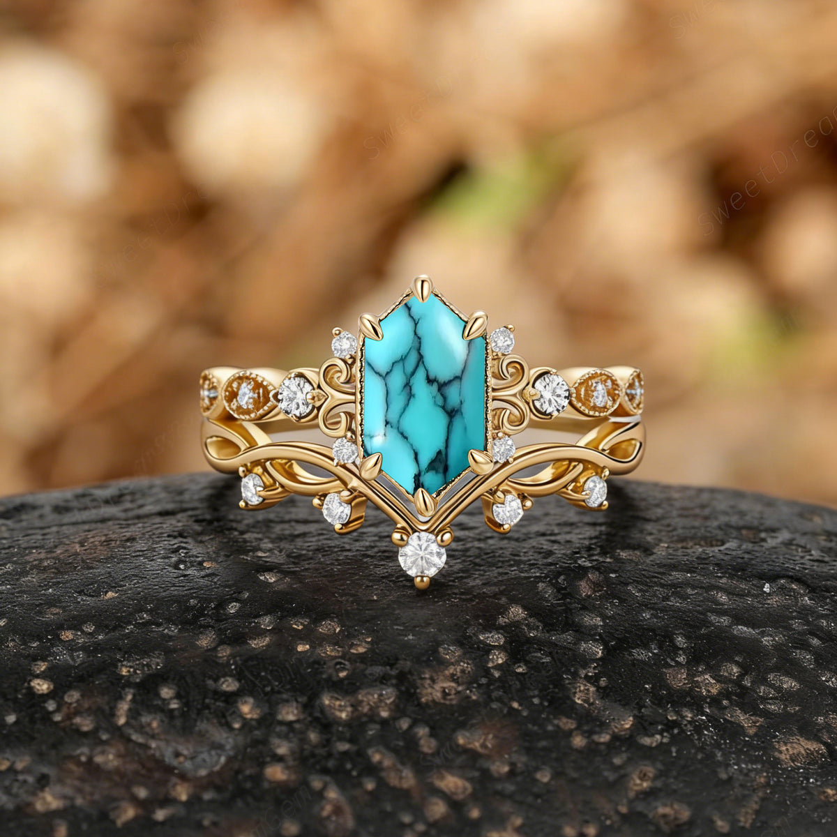 Long Hexagon Turquoise Engagement Ring Set 2pcs - Beryl – Felicegals