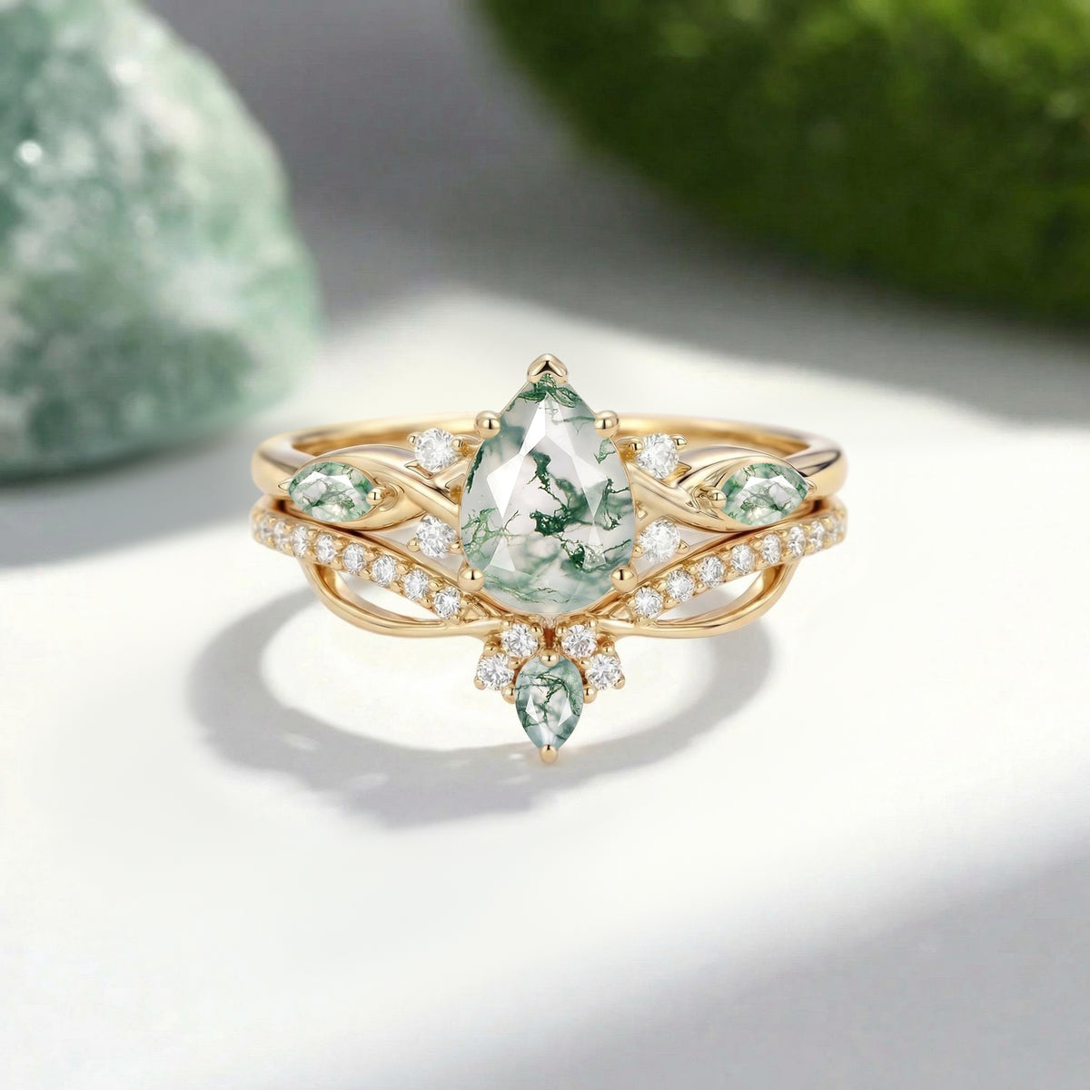 Pear Cut Moss Agate Classic Cluster Engagement Ring Set 2pcs - Emmy ...