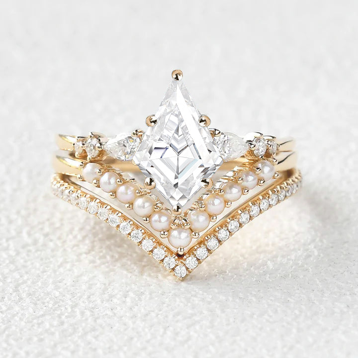 Kite Cut Moissanite Pearl Stacking Engagement Bridal Set 3pcs – Felicegals