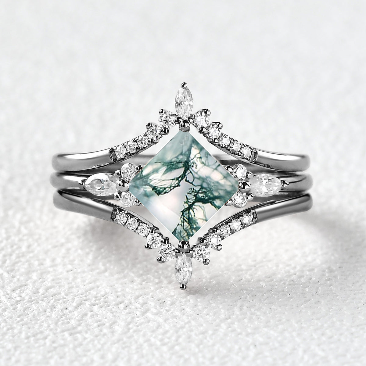 Black Gold Moss Agate Princess Cut Engagement Ring Set 3pcs – Felicegals