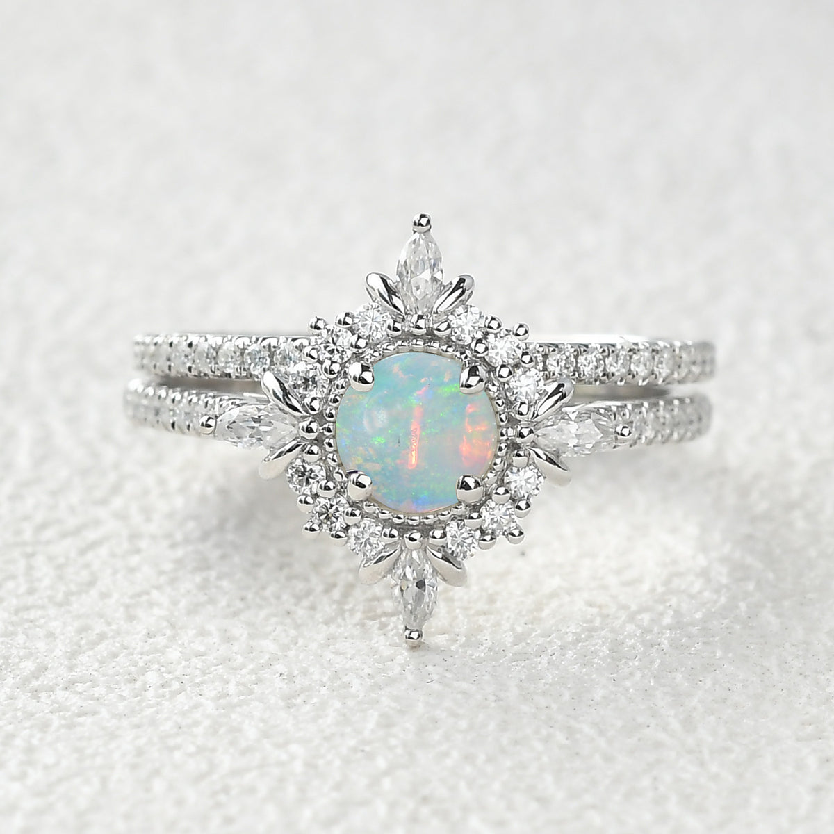 Round Cut Opal Floral Cluster Engagement Ring Set 2pcs – Felicegals