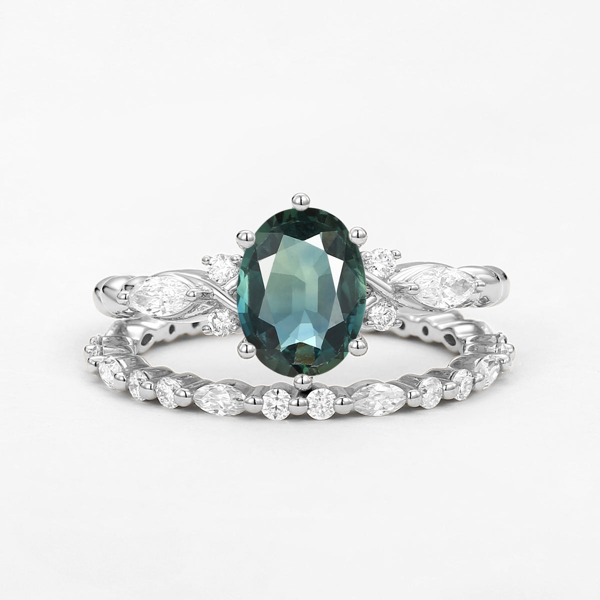 Infinity Oval Teal Sapphire Cluster Ring Set 2pcs – Felicegals