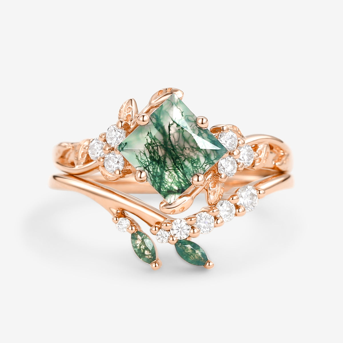 Green Leafy Princess Cut Moss Agate Engagement Ring Set 2PCS – Felicegals