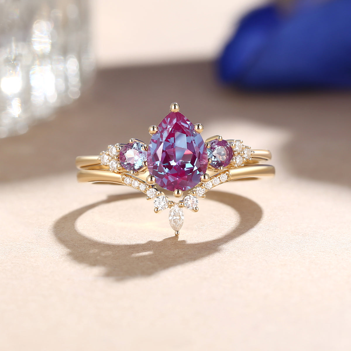 Pear Shaped Alexandrite Cluster Ring Set 2pcs - Fern – Felicegals