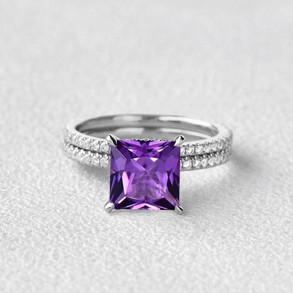 Princess Cut Amethyst Engagement Ring Set 2pcs – Felicegals