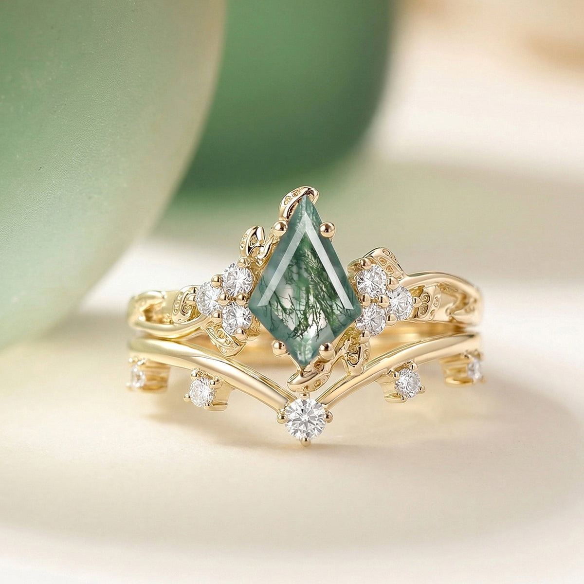 Unique Kite Cut Moss Agate Cluster Engagement Ring Set 2pcs - Bramble ...
