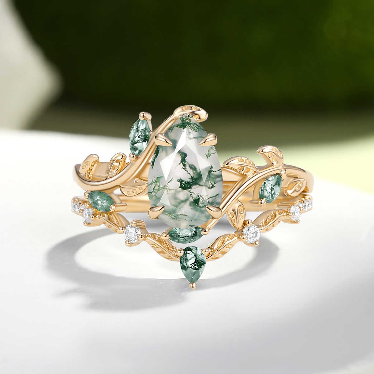 Shop Green Moss Agate Pear Vine Engagement Ring Set 2pcs Daphne Now ...