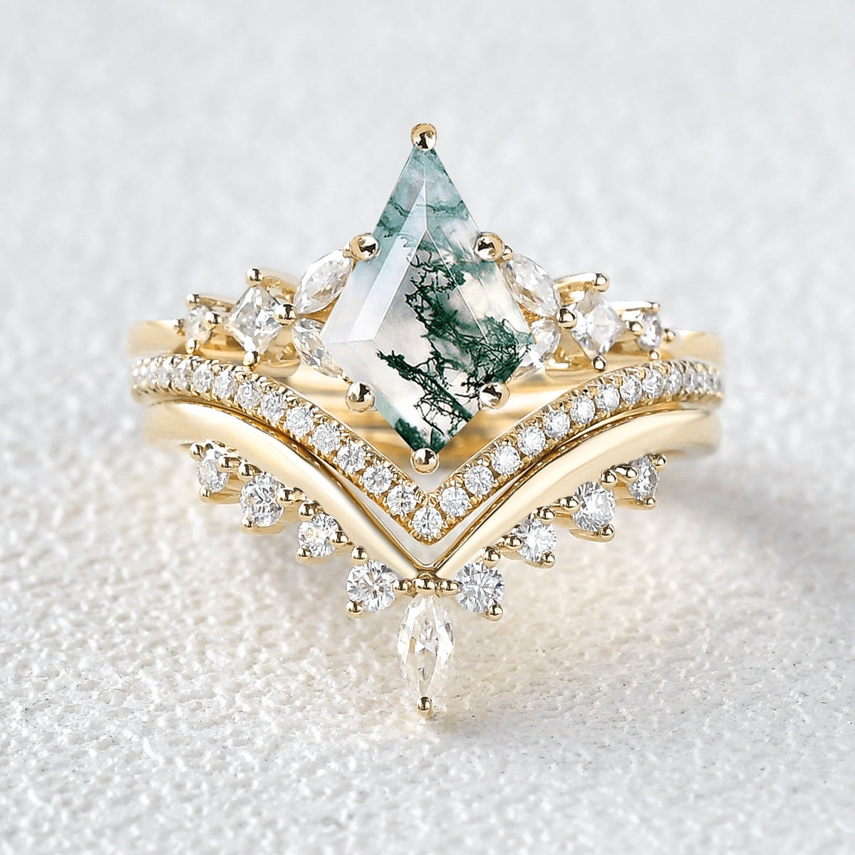 Kite Cut Moss Agate Stacking Luxurious Engagement Bridal Set 3pcs ...