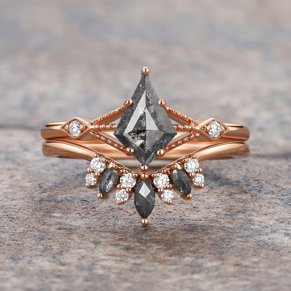 Kite & Marquise Salt and Pepper Diamonds Black Engagement Ring Set 2pc ...