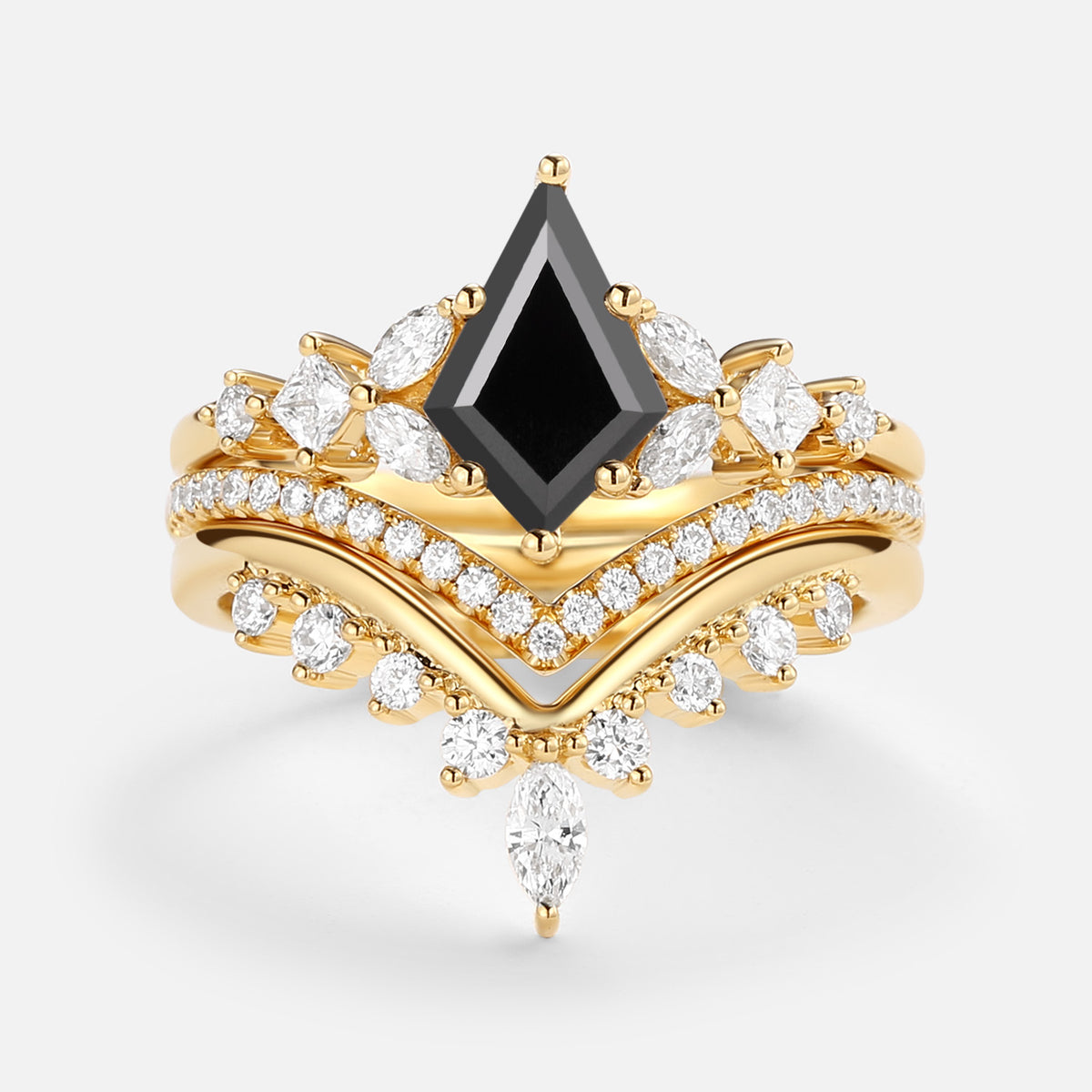 Kite Cut Black Moissanite Stacking Luxurious Engagement Bridal Set 3pc ...