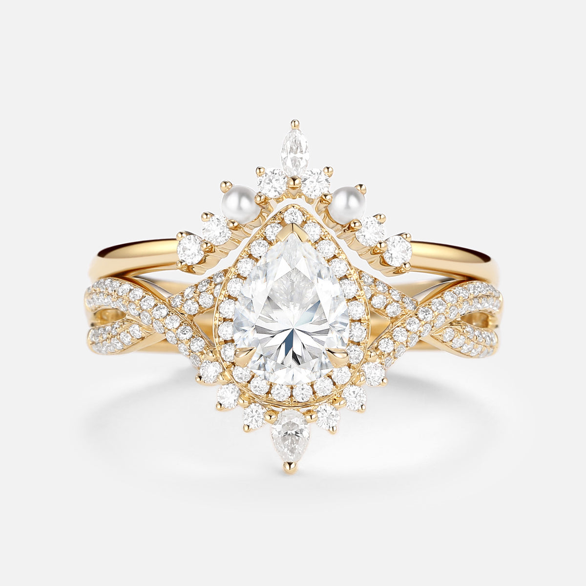 1.5ct Pear Moissanite & Pearl Halo Infinity Ring Set 2pcs – Felicegals