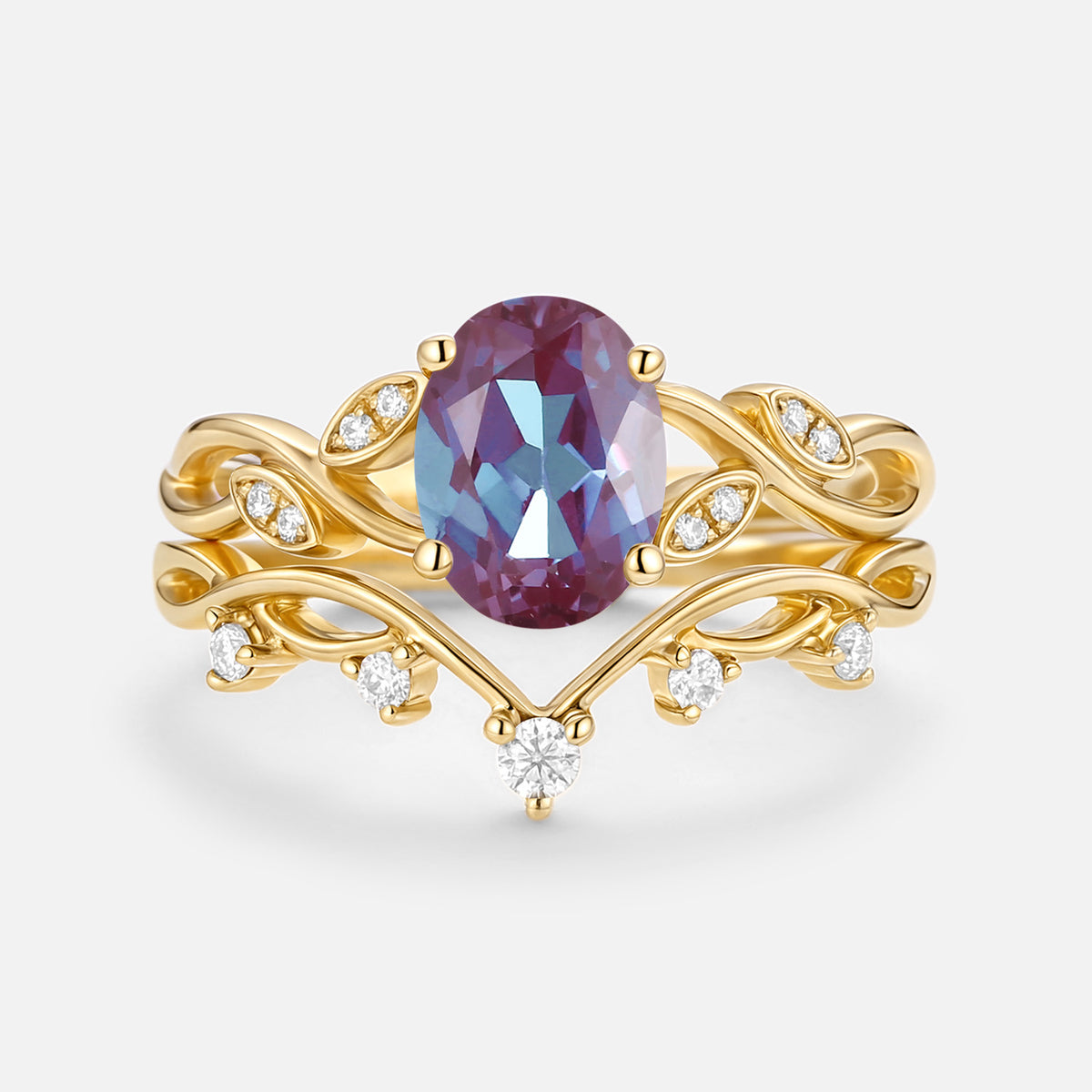 Lab Alexandrite Oval Cut Leaf Ring Set 2pcs - Eiryn – Felicegals