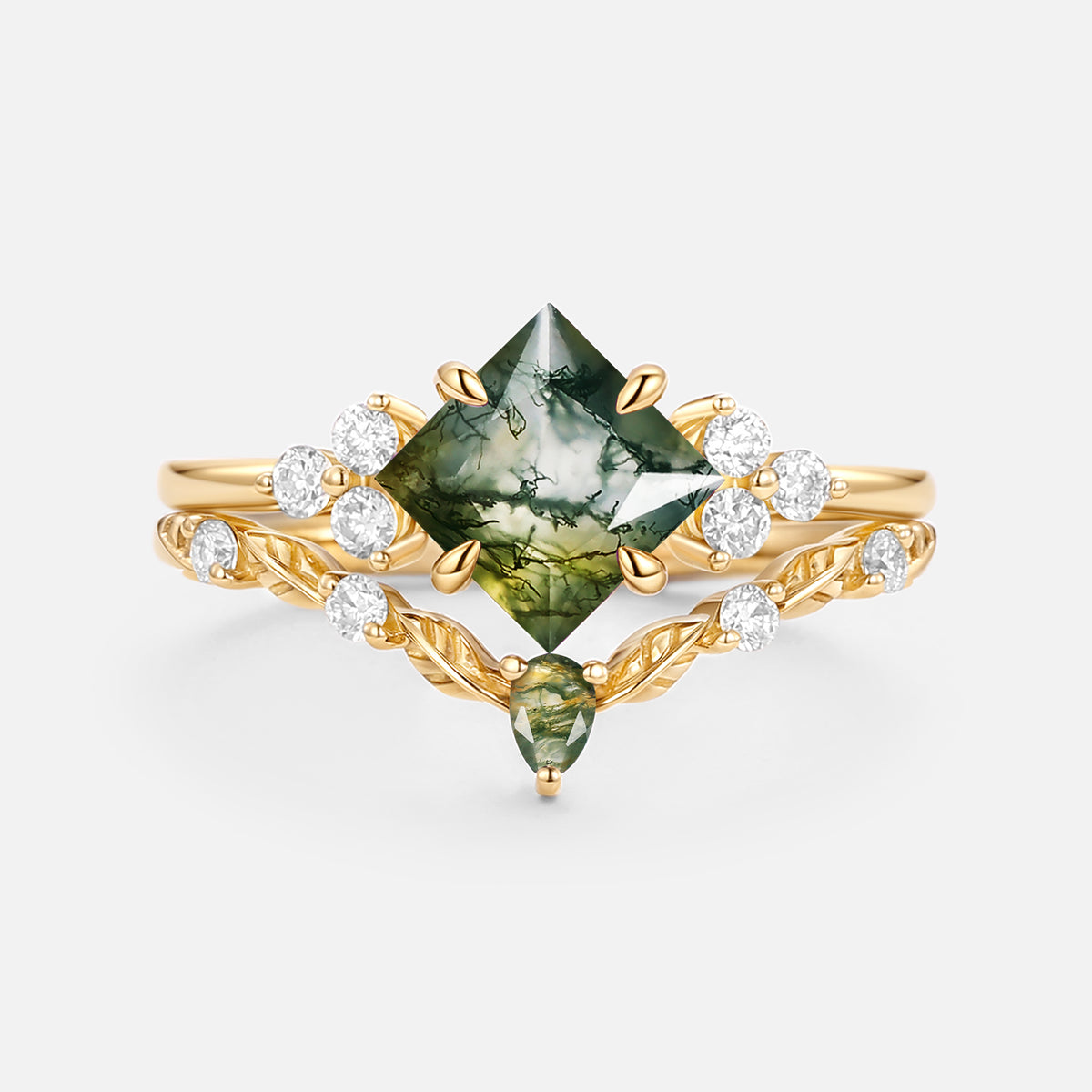 Moss Agate Princess Cut Cluster Engagement Ring Set - Kai – Felicegals