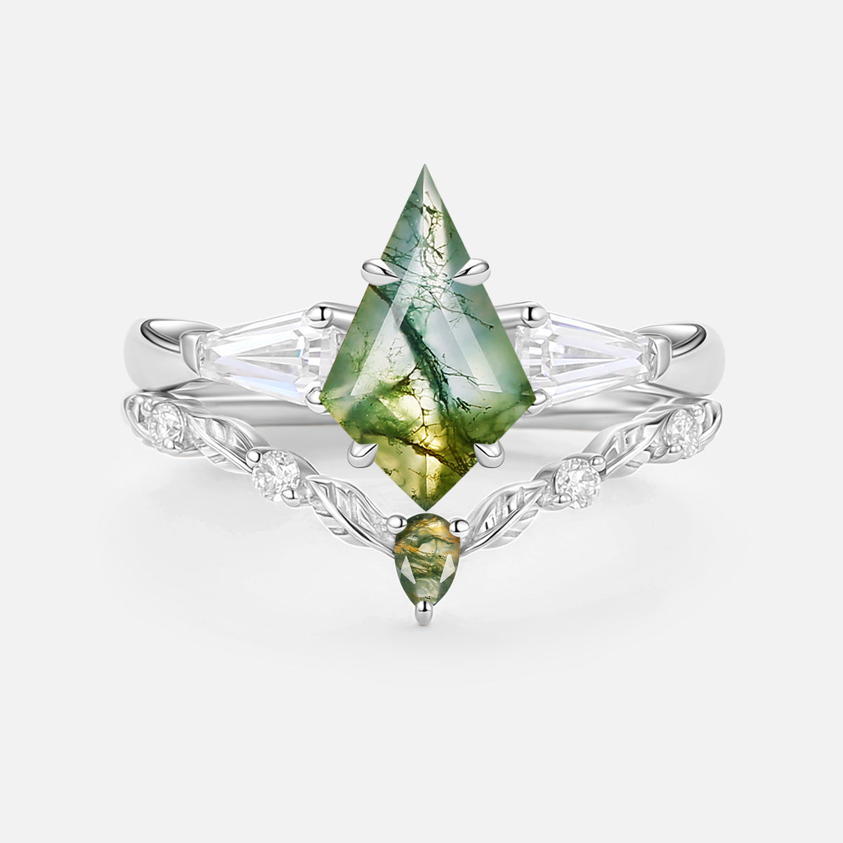 Moss Agate Kite Cut Three Stone Engagement Ring Set 2pcs - Bryce ...