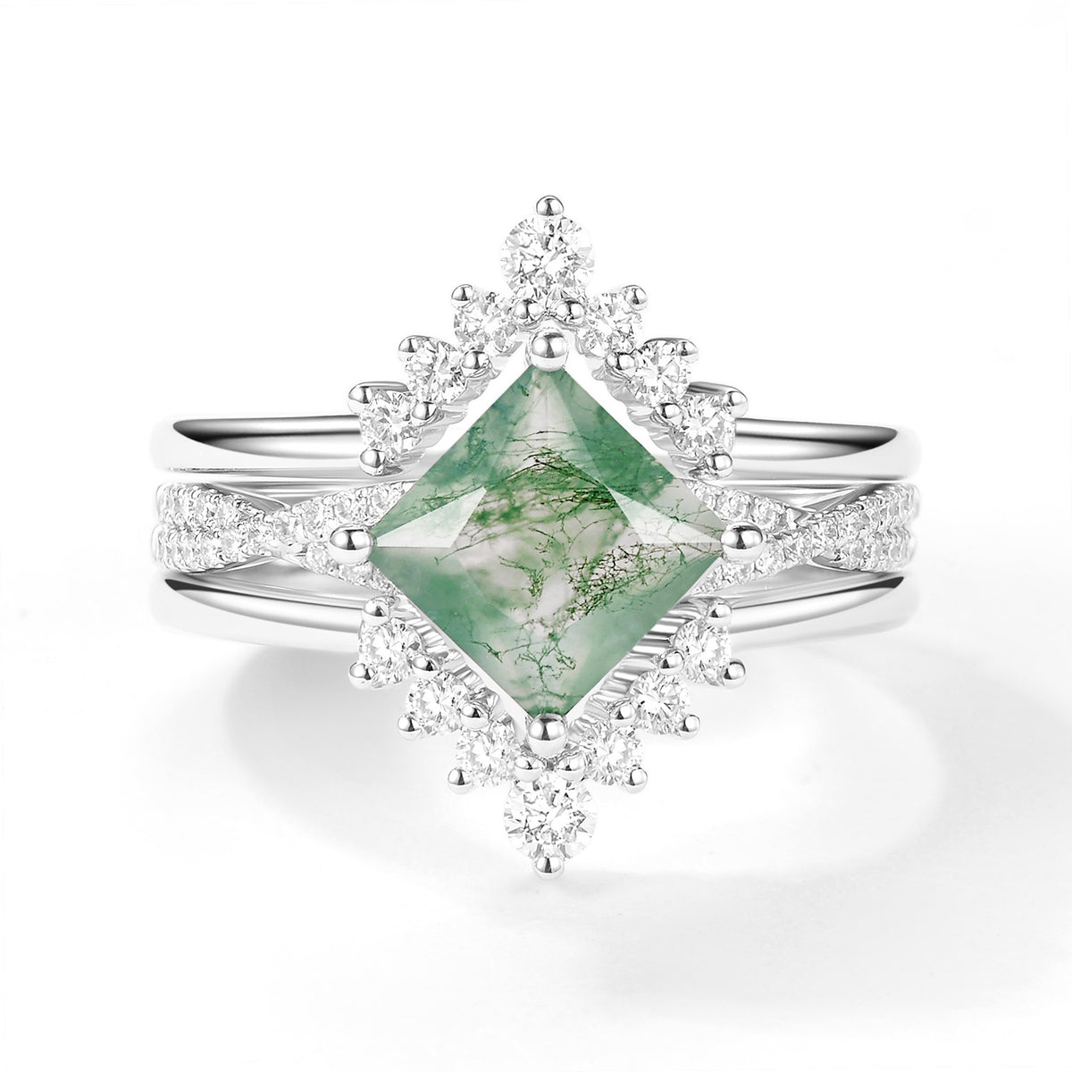 2.0ct Moss Agate Princess Cut Stacking Engagement Ring Set 3pcs ...