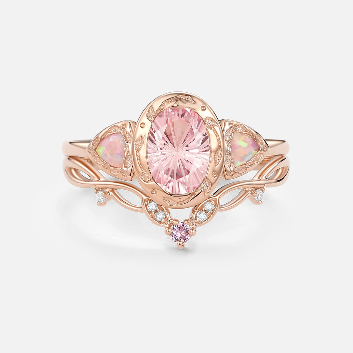 Oval Lab Pink Sapphire & Pink Opal Fireworks Cut Engraved Ring Set 2pc ...