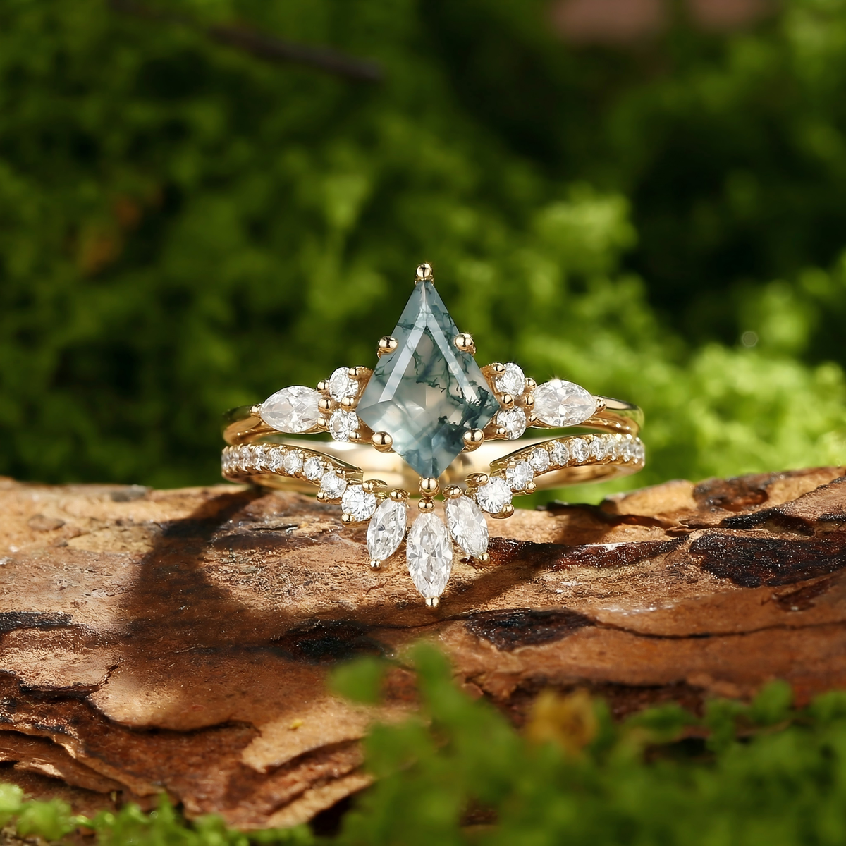 Kite Cut Moss Agate Three Stone Engagement Ring Set 2pcs - Rebecca ...