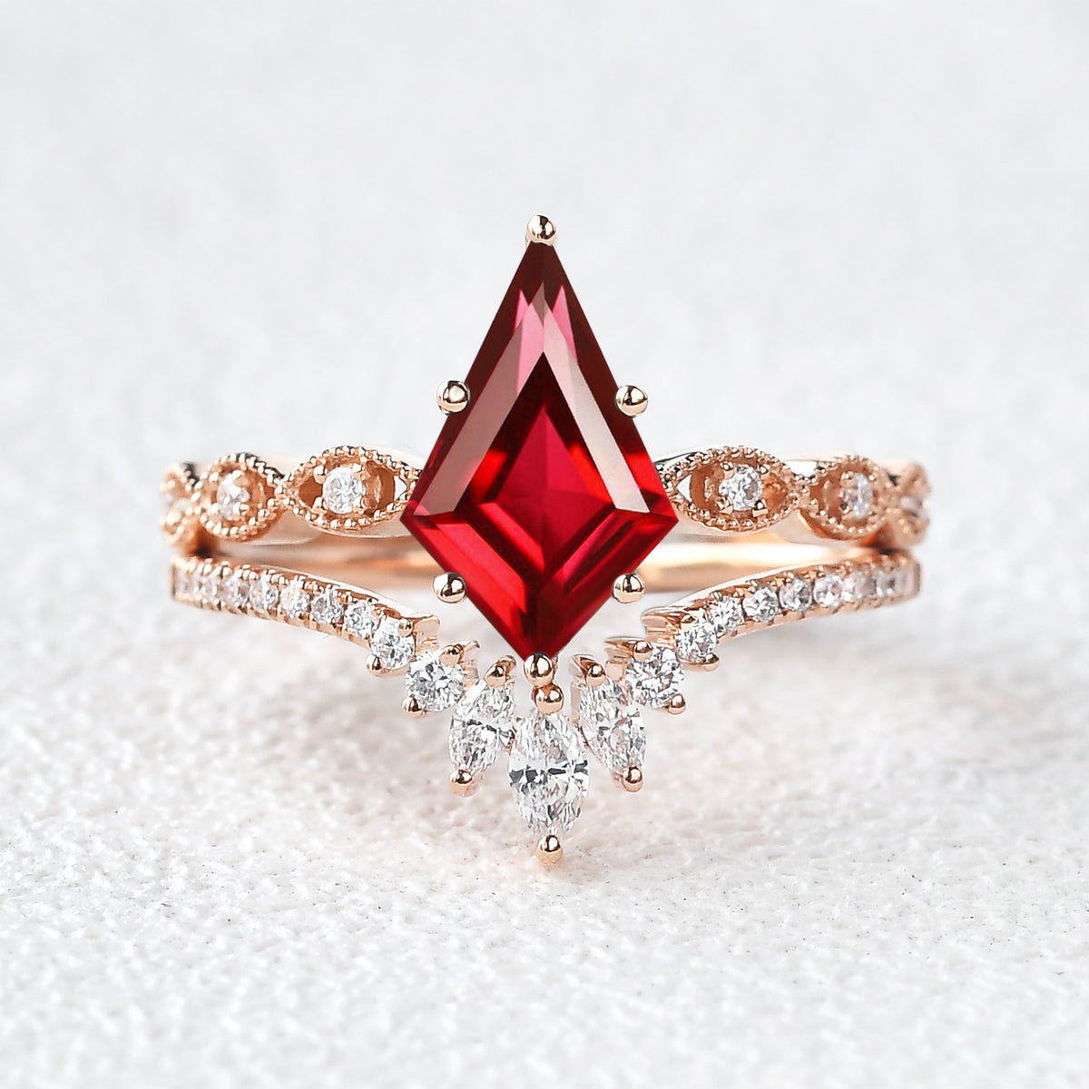 Unique Kite Cut Lab Ruby Engagement Ring Set 2pcs – Felicegals