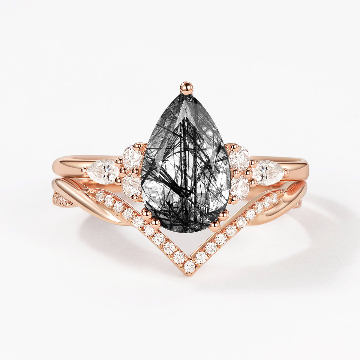 2.0CT Pear Shaped Black Rutilated Quartz Infinity Stacking Ring Set 2p ...