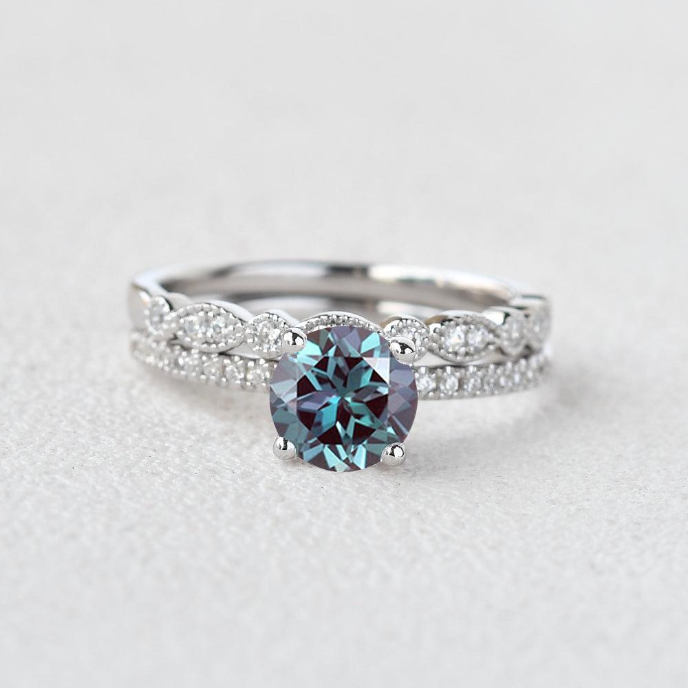 1.0ct Round Alexandrite Pave Vintage Solitaire Ring Set 2pcs – Felicegals