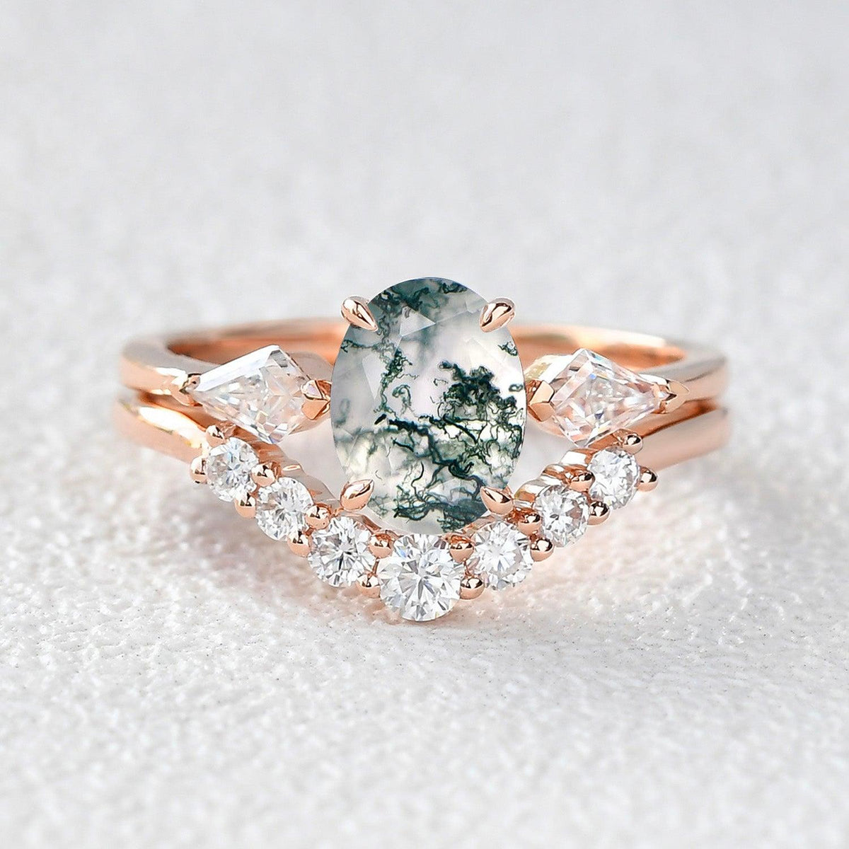 Oval Moss Agate Three Stone Twinning Kites Engagement Ring Set 2pcs ...